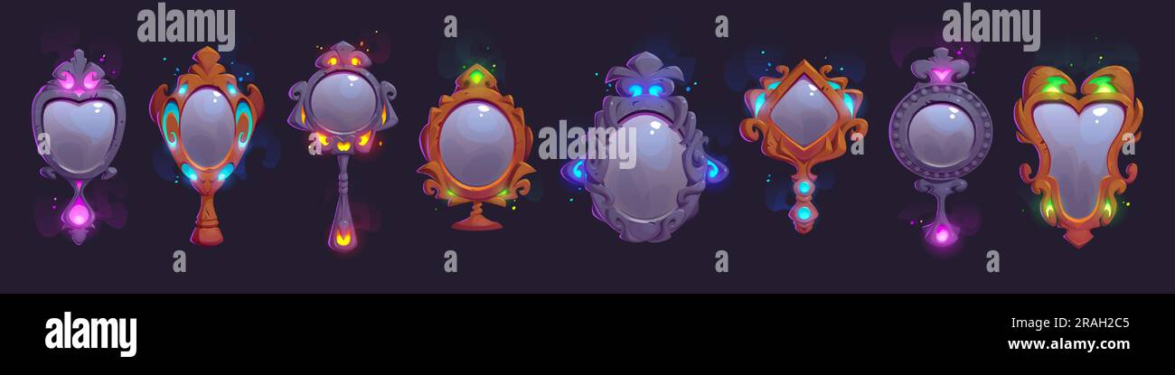 Magic princess mirror with glow frame cartoon vector. Antique halloween ...