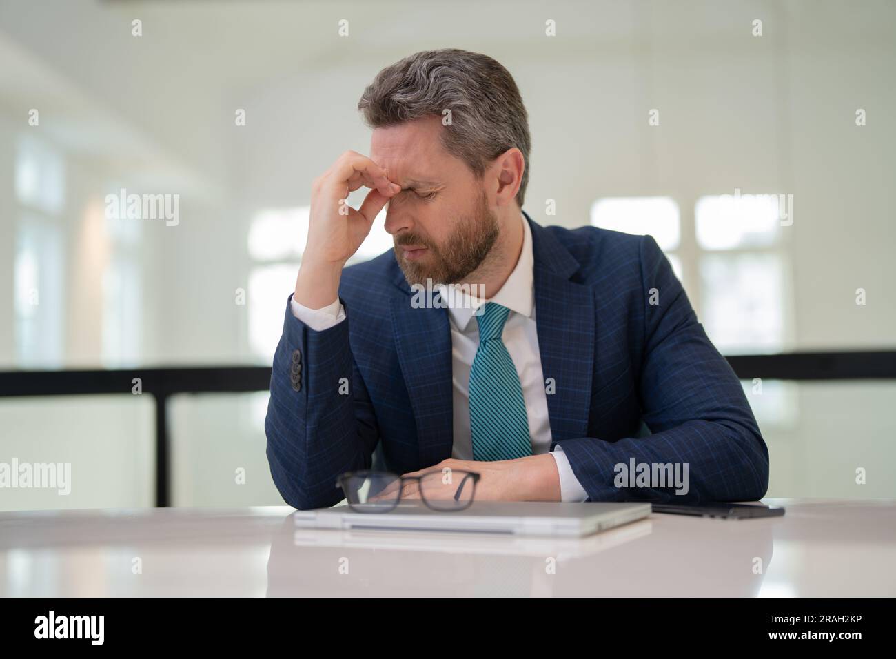 Head pain concept. Cephalalgia and migraine. Man with sinus headache ...