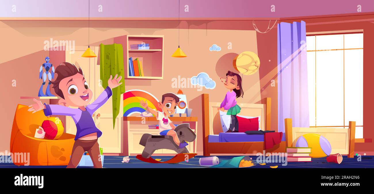 Excited children playing in messy room. Vector cartoon illustration of active little boys and ...