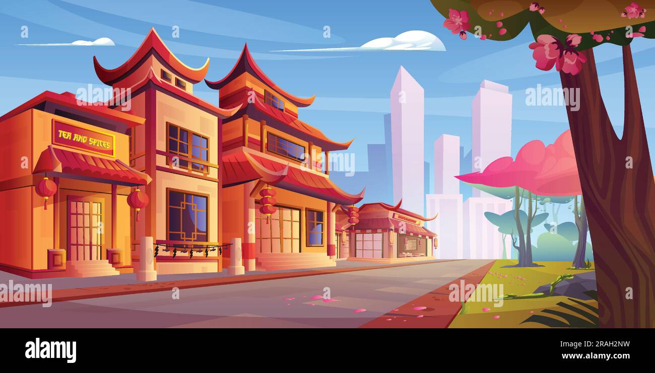 Chinese street with restaurant building in town cartoon background ...