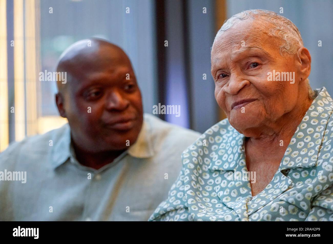 Tulsa Race Massacre survivor Viola Ford Fletcher, right, is joined by her grandson Ike Howard ...