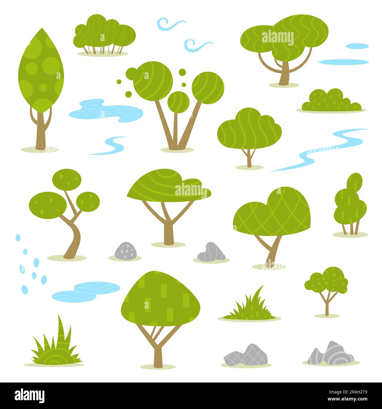 Set of various trees bushes grass water and stones assets for landscape ...