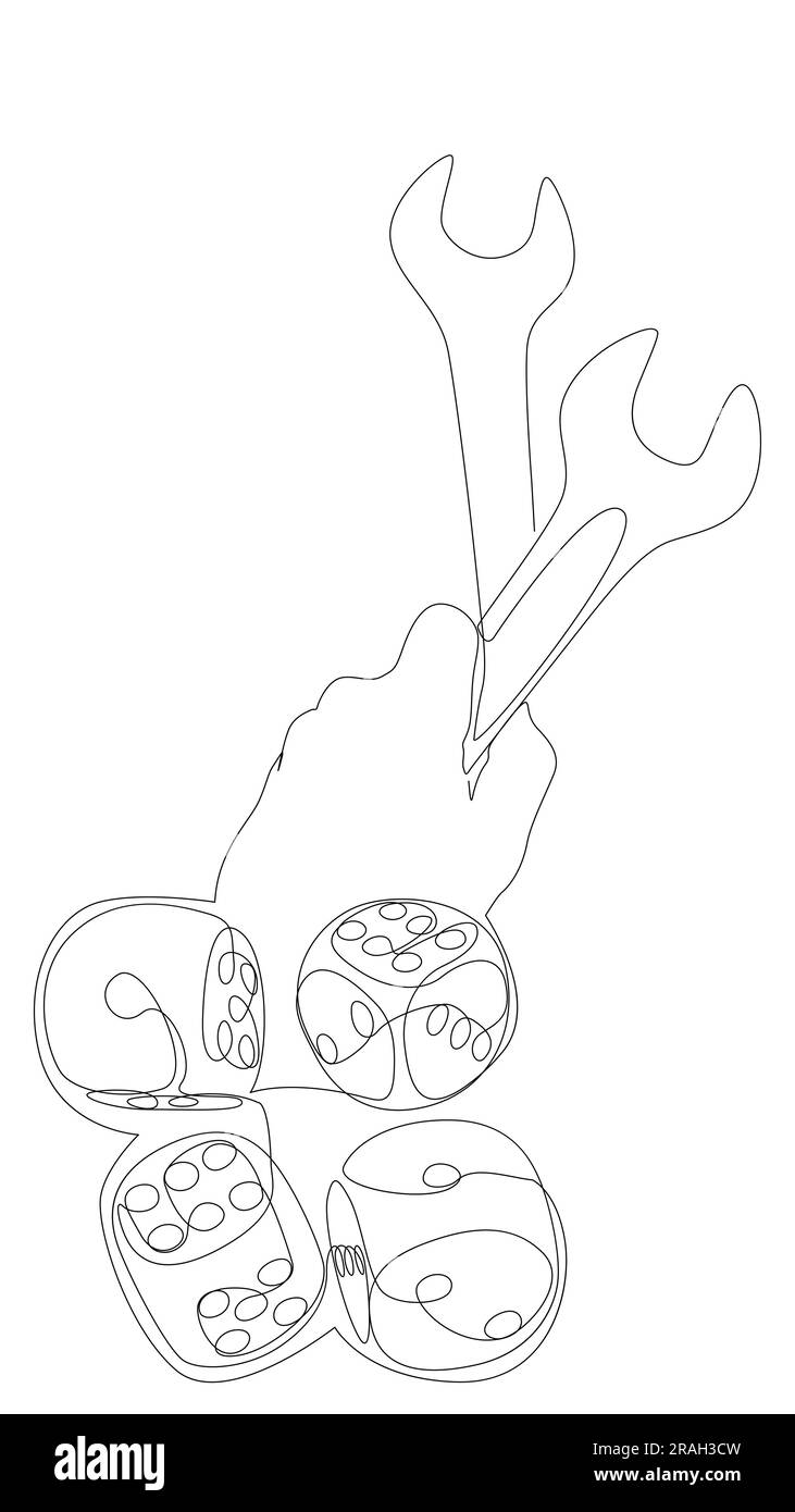 One Continuous Line Of Wrench And Dice Thin Line Illustration Vector Concept Contour Drawing