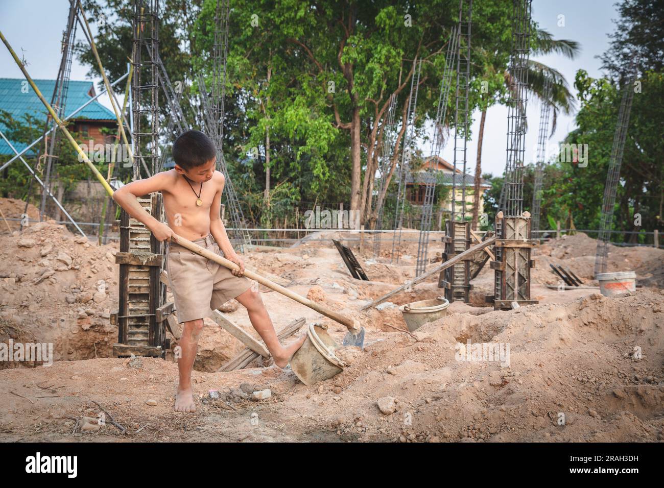 Boy laboring on a construction site Forced Labor. Against Child Labor, Poor Children ...