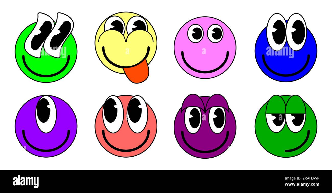 Cartoon Set of Groovy funny cartoon smile characters, vintage. Funky ...