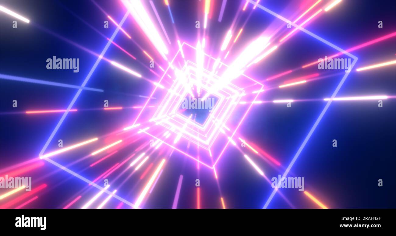 Abstract purple energy futuristic hi-tech square tunnel of flying lines ...