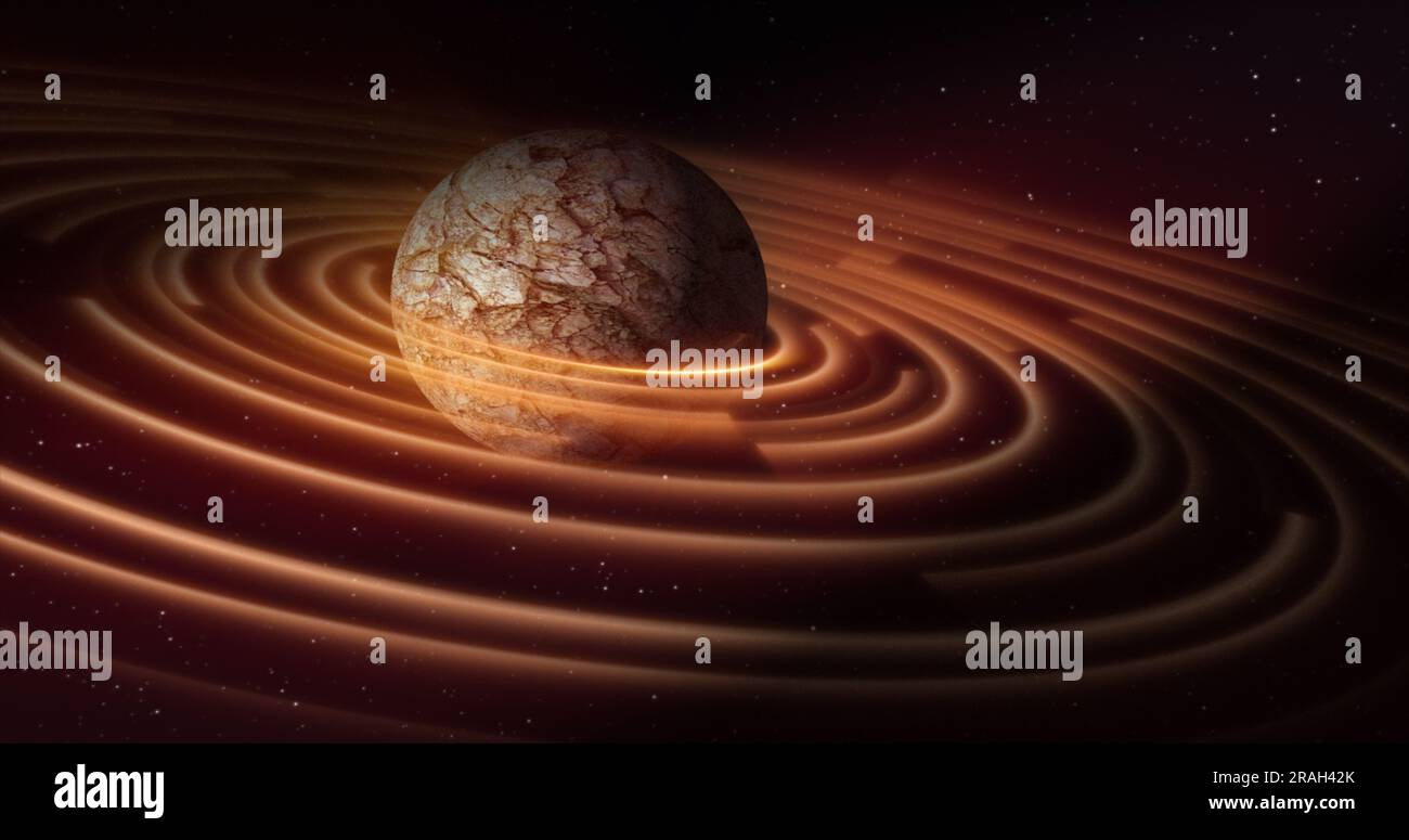 Abstract yellow brown space planet with a round asteroid belt ring ...