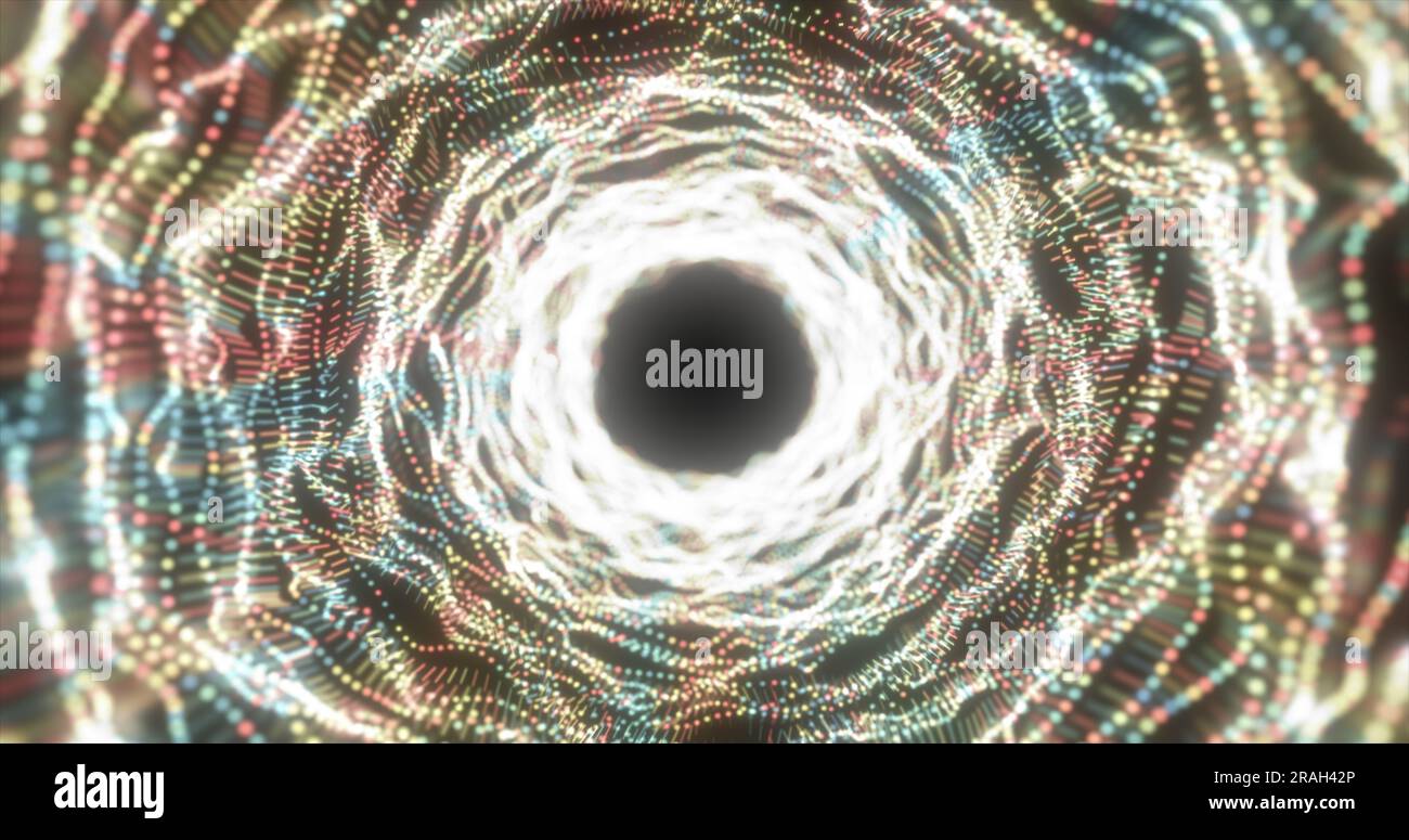 Abstract yellow energy tunnel made of particles and a grid of high-tech ...