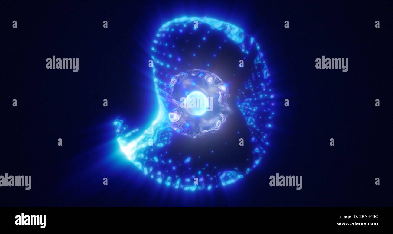 Abstract energy sphere with flying glowing bright blue particles ...