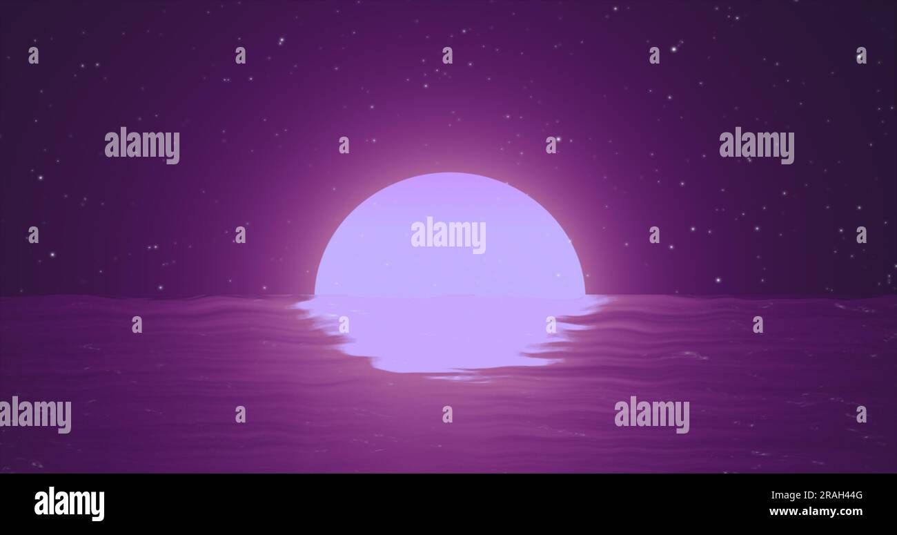 Abstract purple moon over water sea and horizon with reflections ...