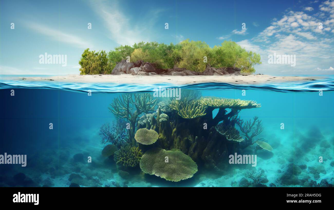 Tropical island in the sea and water line with beautiful corals and ...