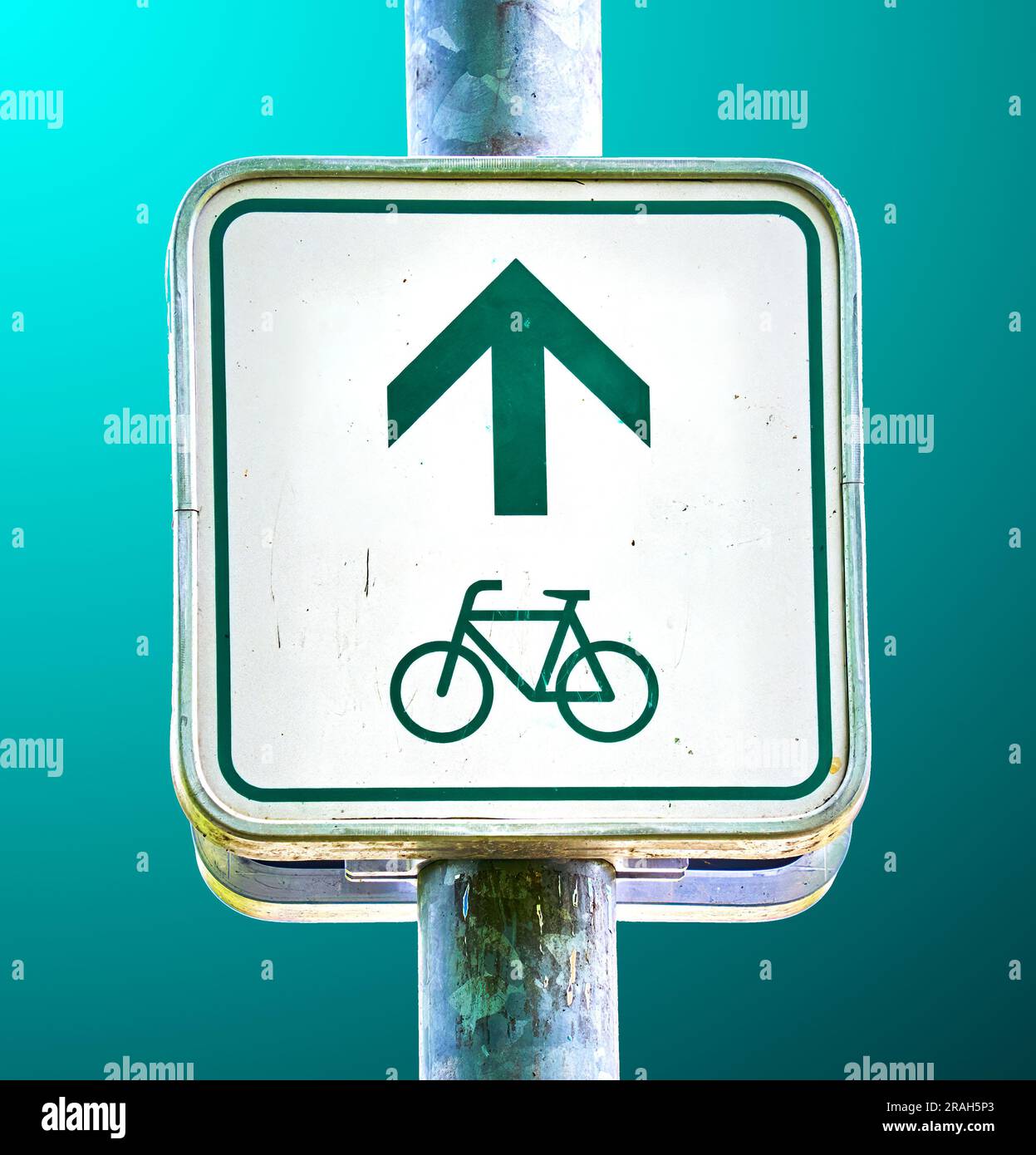 Information sign with a green arrow and the pictogram of a bicycle to ...