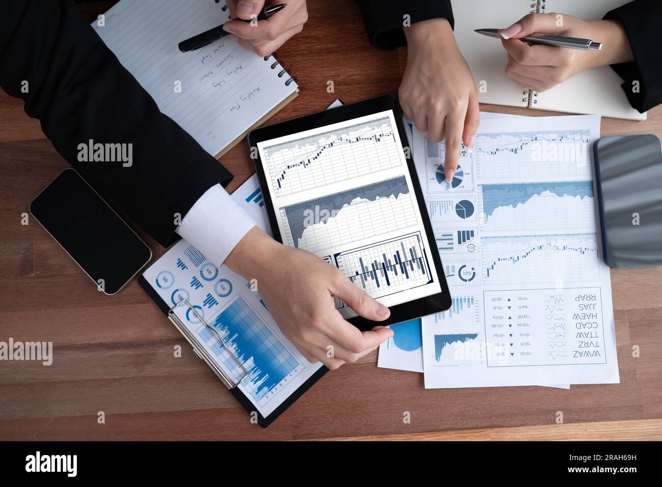 Top view analyst team in office discuss data analysis and marketing ...