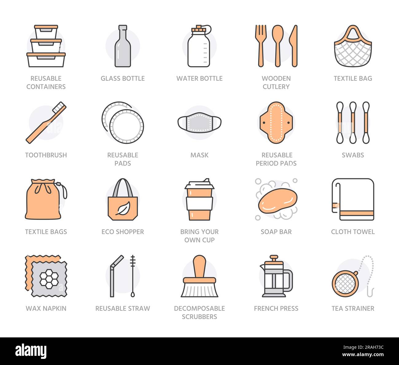 Zero waste products flat line icons set. Reusable bottle, wooden ...