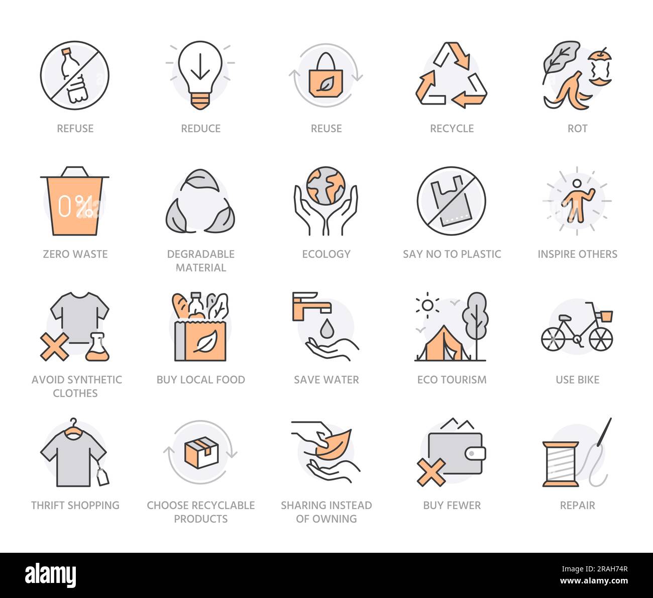 Zero waste lifestyle flat line icons set. Refuse, reduce, reuse ...