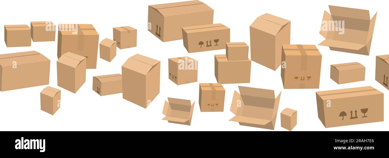 Cardboard closed brown box with scotch tape and labels seamless pattern ...