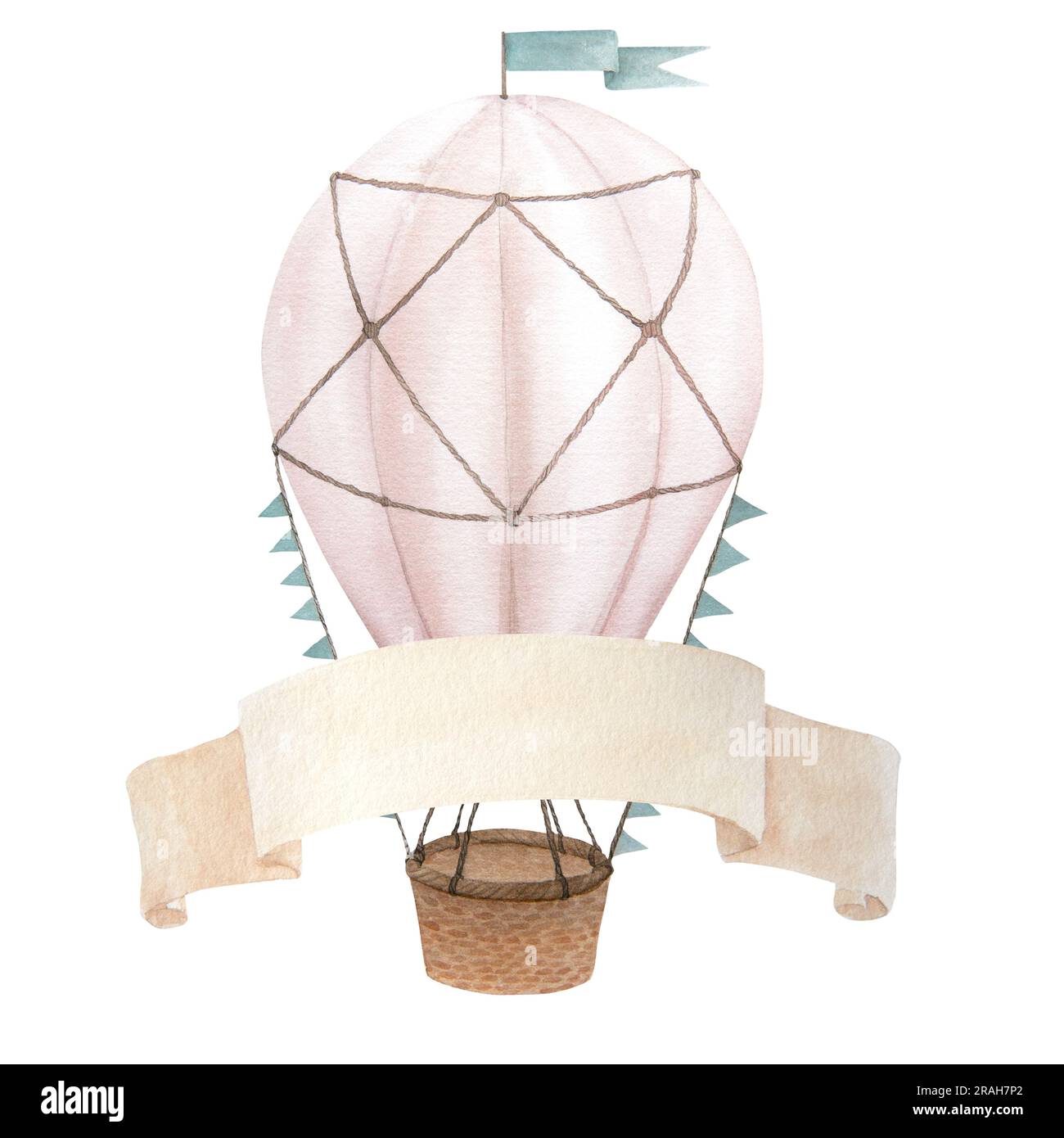 Watercolor illustration of vintagehot air balloon and vintage scroll ...