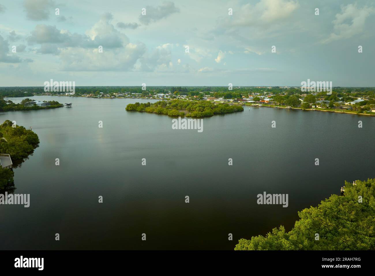 View from above of Florida everglades with green vegetation between ...