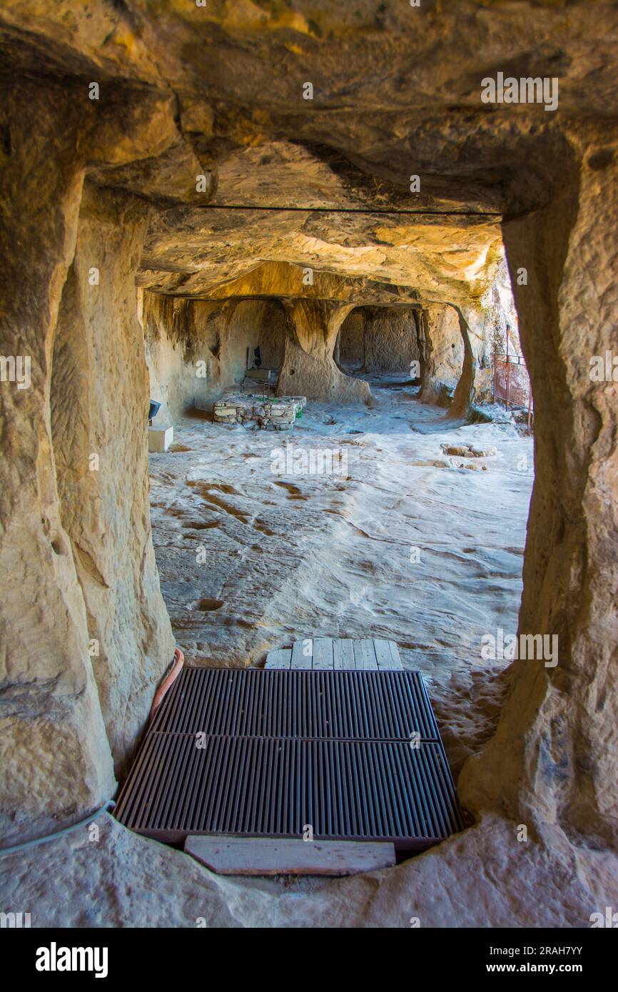 The caves inside thecastle of Sperlinga, Sicily, on a rock in one of ...