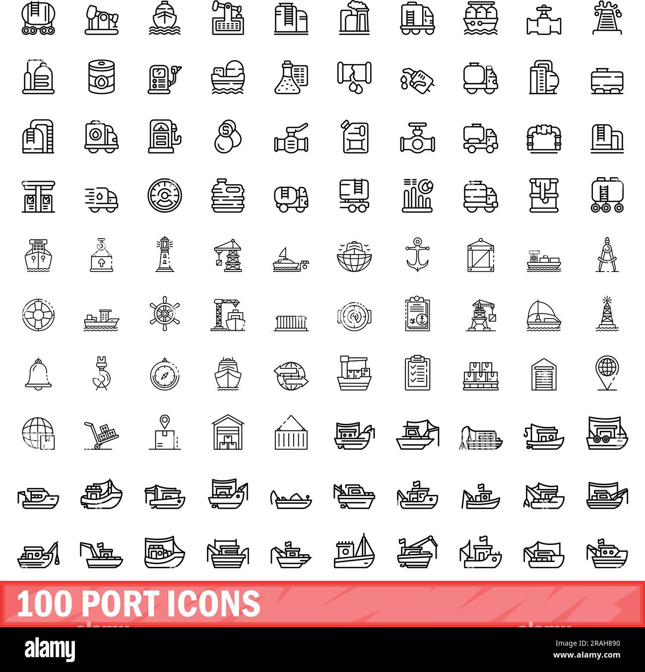 100 port icons set. Outline illustration of 100 port icons vector set ...