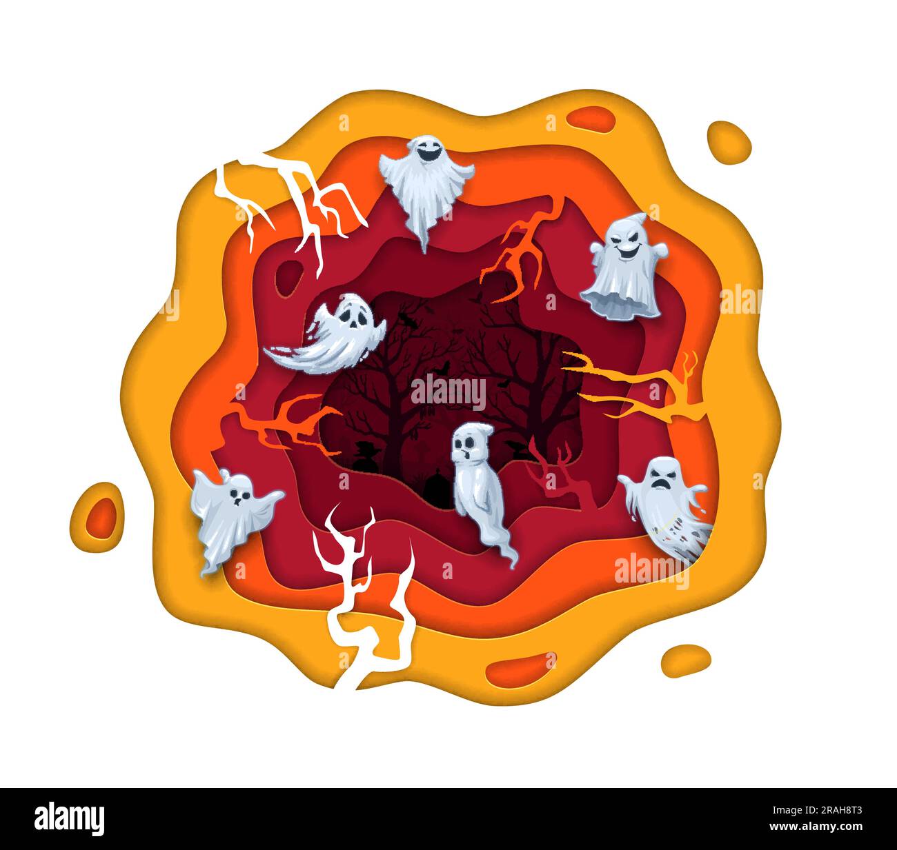 Halloween paper cut cartoon funny and eerie flying ghosts on cemetery ...