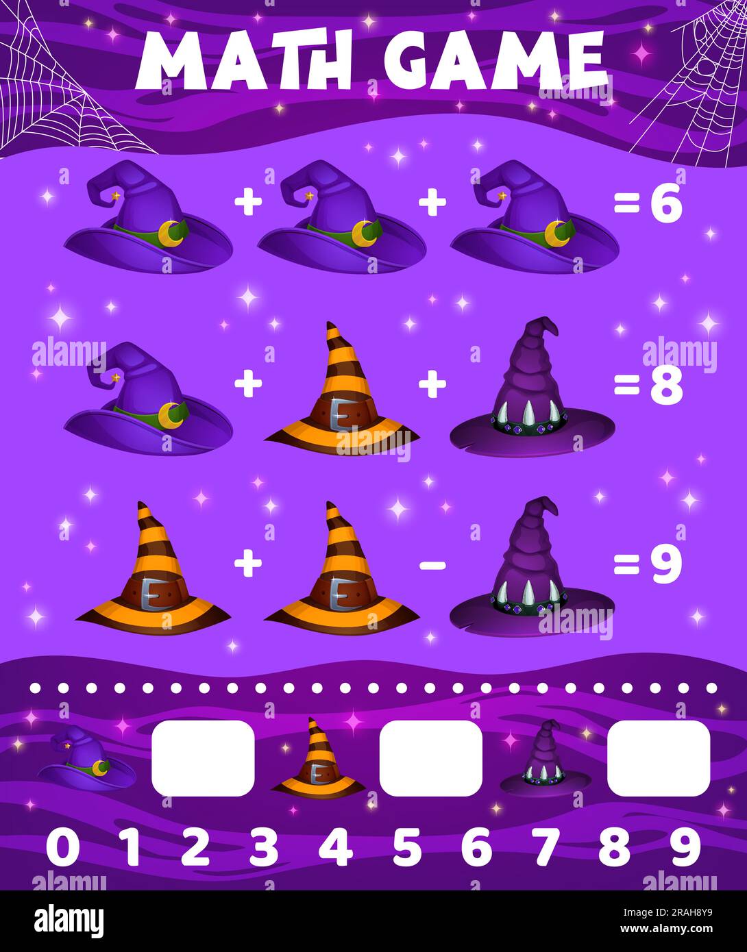 Math game worksheet cartoon witch and wizard hats. Vector mathematics ...