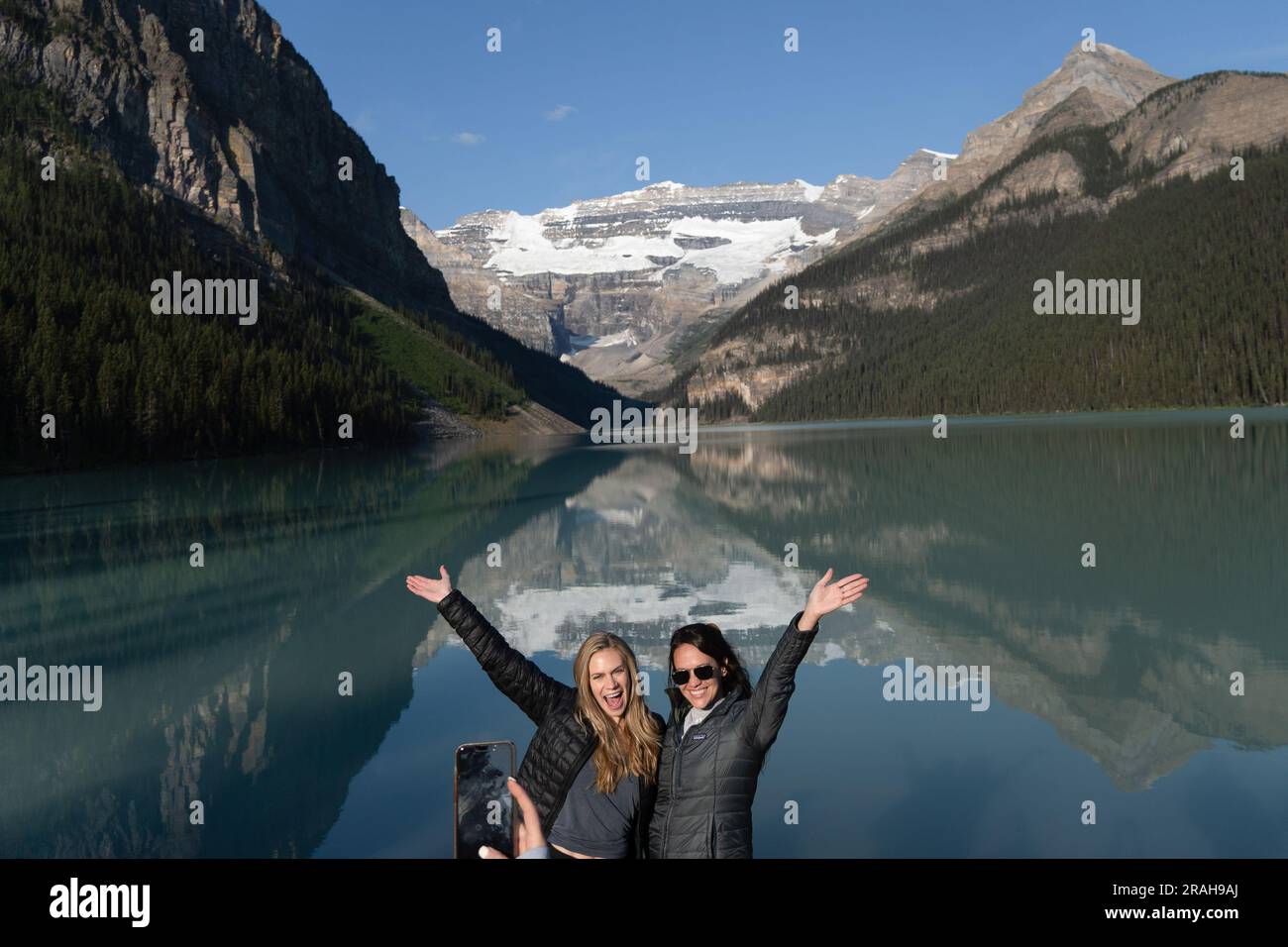 Banff, Alberta, Canada. 3rd July, 2023. Two women are photographed at ...