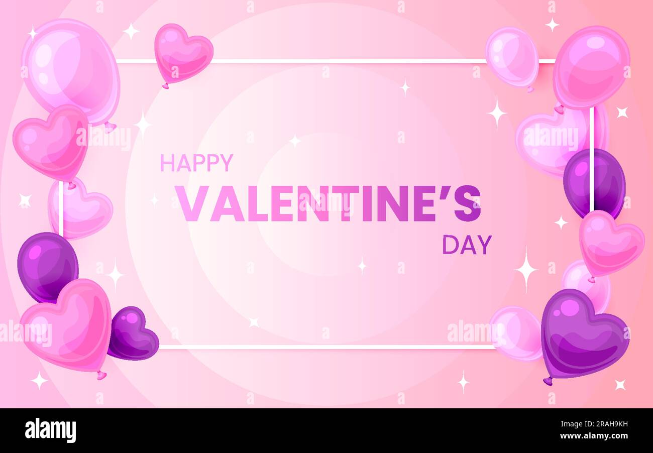 Valentine day greeting card balloon banner flat. Romantic flyer gift ...