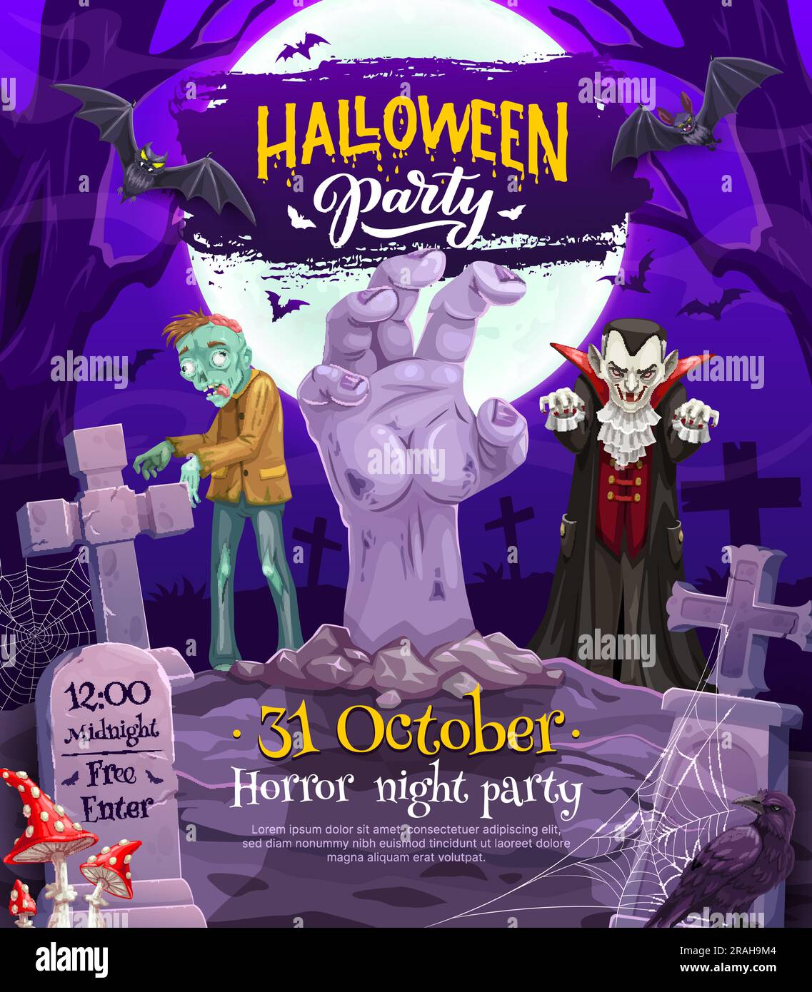 Cartoon halloween party flyer. Vector holiday characters scary vampire ...