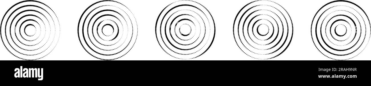 Set of circular ripple icons. Concentric circles with polka dotted ...