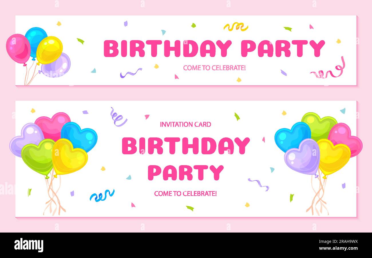 Birthday party invitation banner card balloon flat. Pink background ...