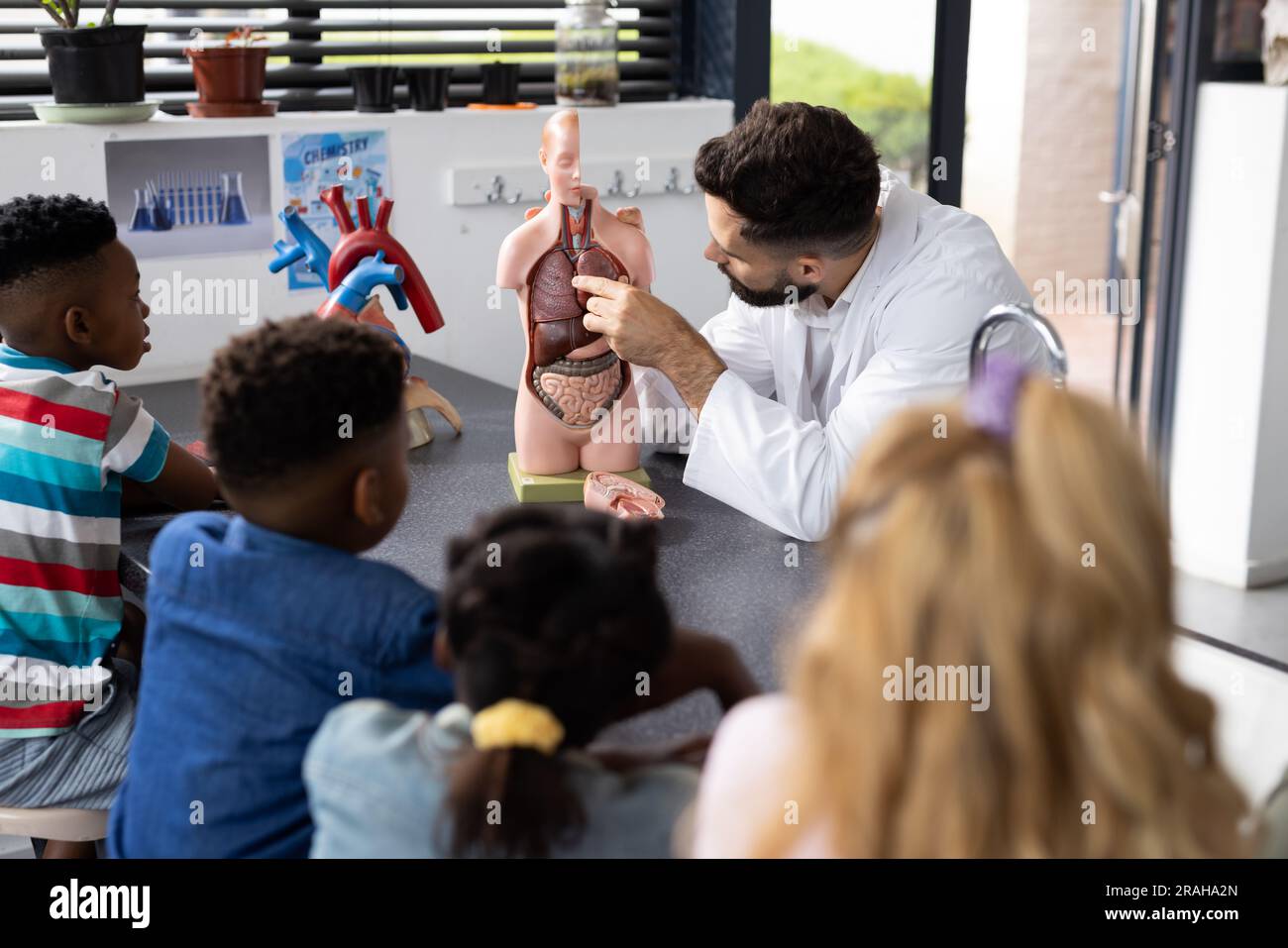 Diverse elementary school pupils and male biology teacher studying ...