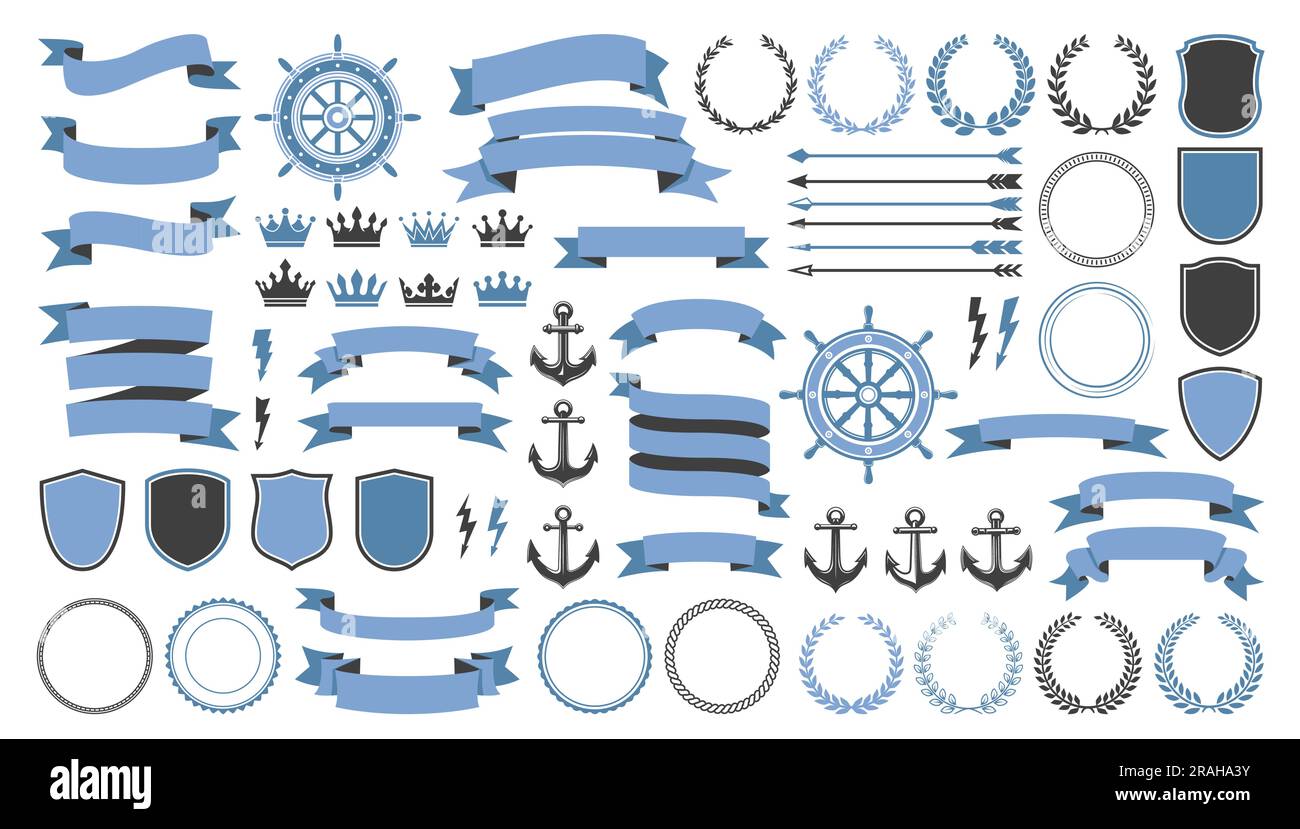 Badge, seal, laurel wreath and vintage crown, arrow, anchor and shield ...