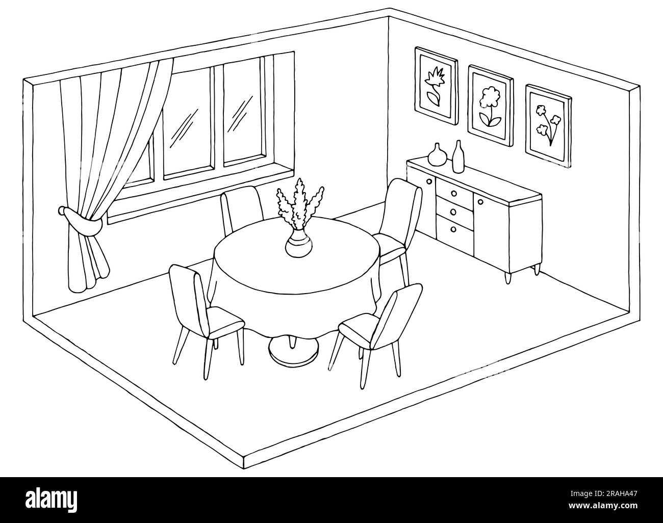 Dining room home interior graphic black white isolated sketch ...