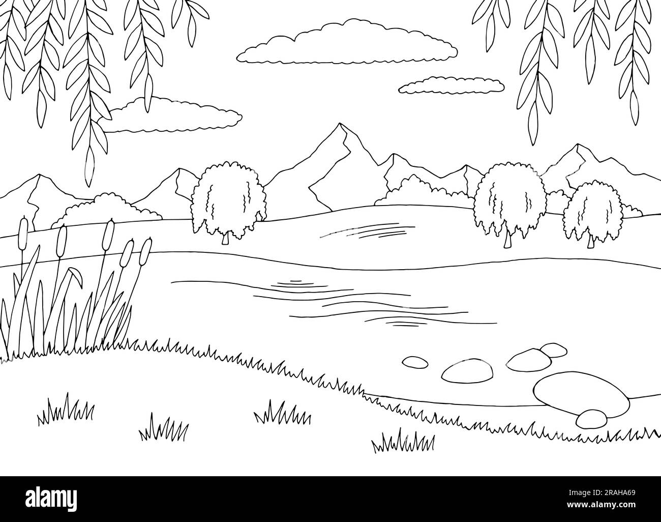 Willows on the banks of the river graphic black white landscape sketch ...