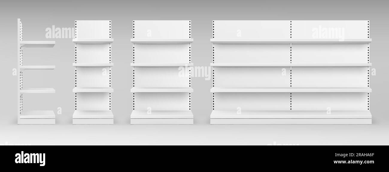 Supermarket shelf, white retail shop product shelves and racks, vector ...