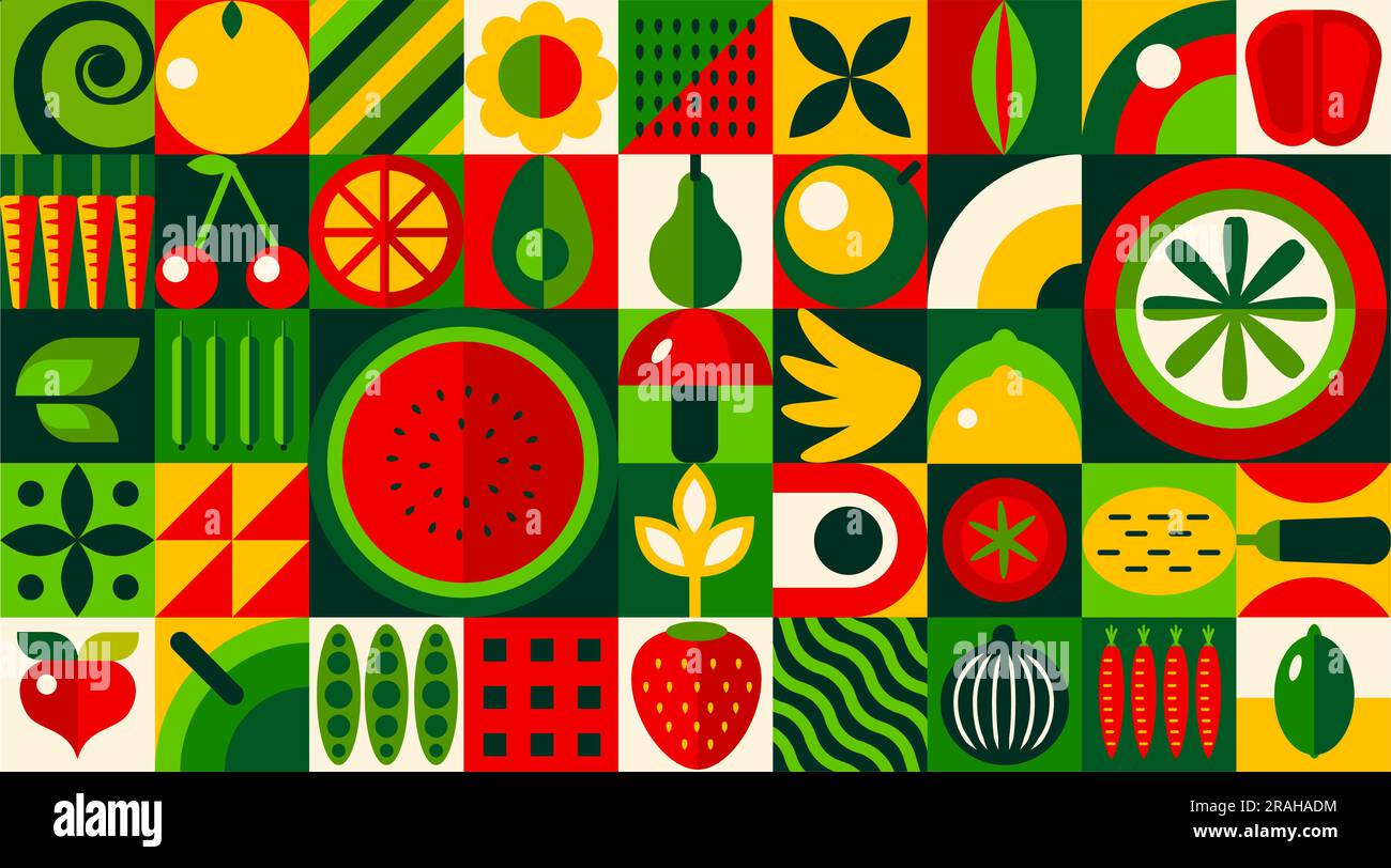 Summer garden fruits and vegetables abstract geometric bauhaus pattern ...