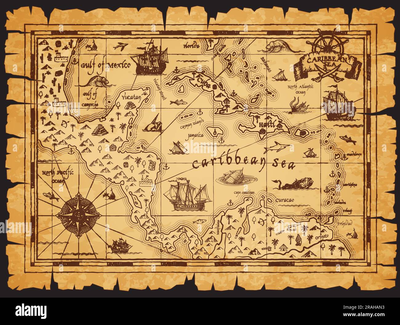 Old antique vintage map of Caribbean Sea. Compass wind rose, sail ships and pirate islands ...