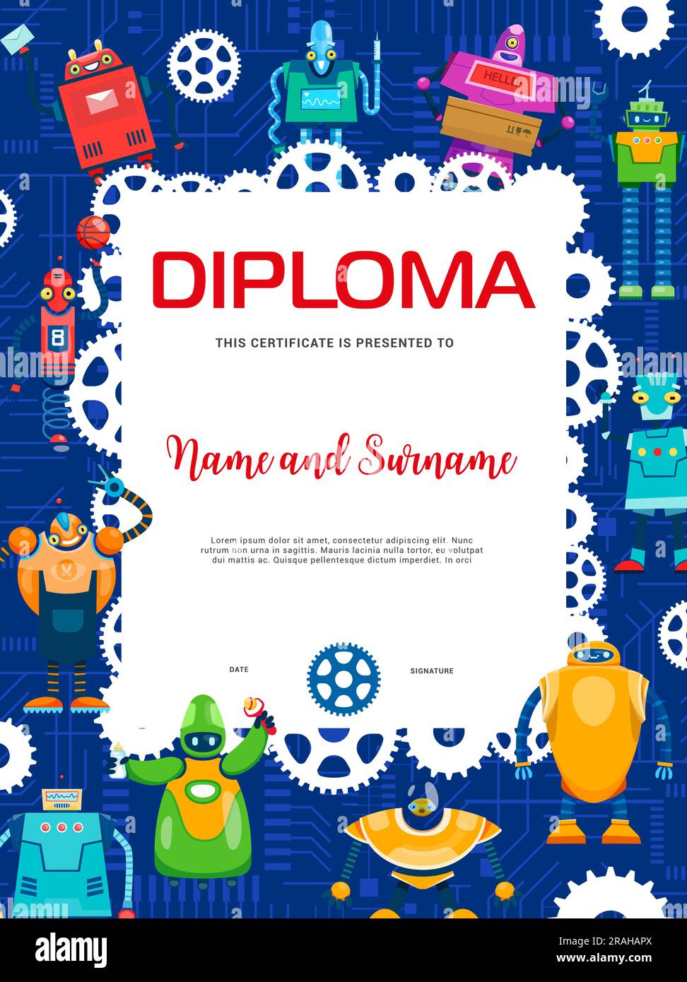 Kids diploma with cartoon robots and droid characters. Vector educational, graduation or trophy ...