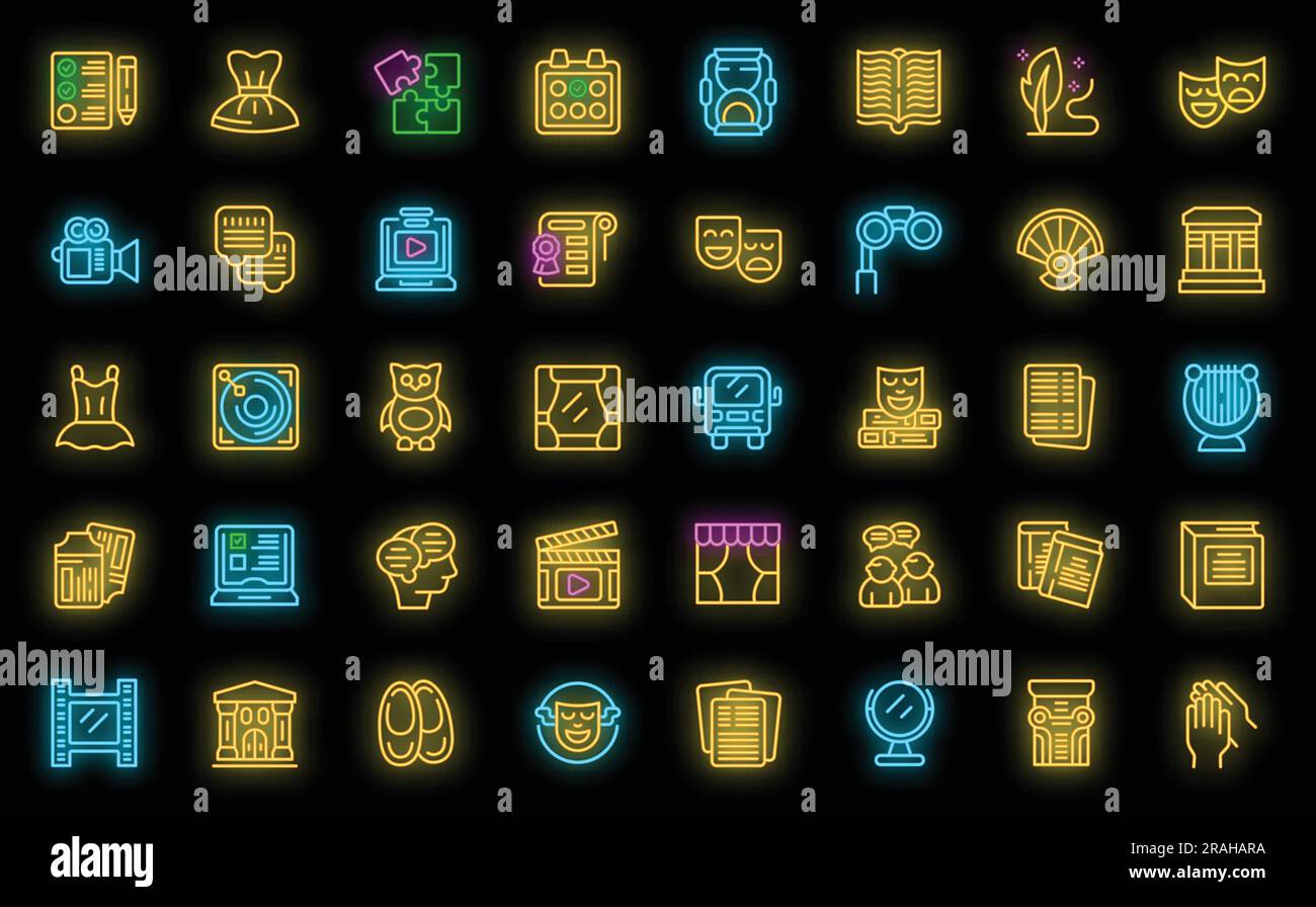 Theater class icons set outline vector. Drama actor. Musical play neon ...