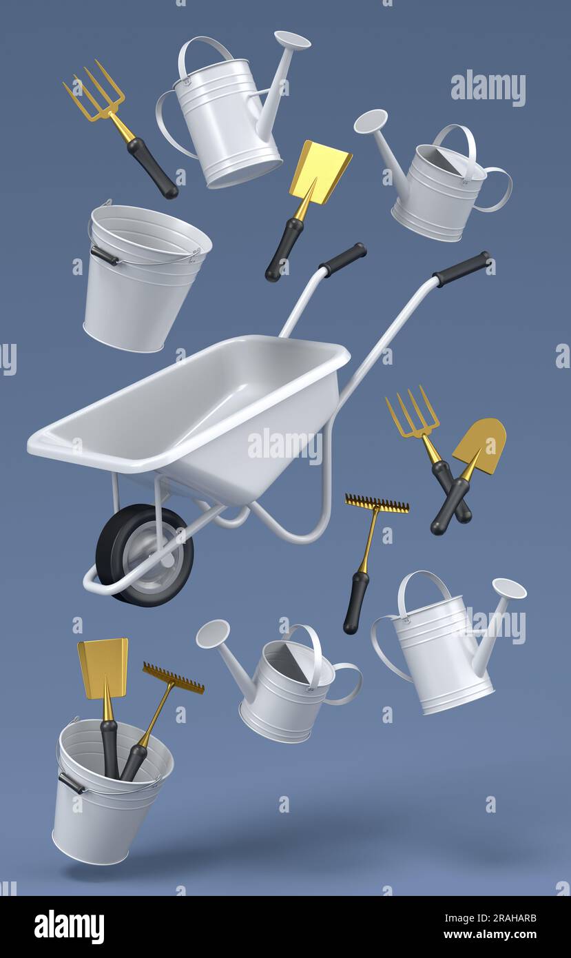 Garden wheelbarrow with garden tools like shovel, rake and fork on grey ...
