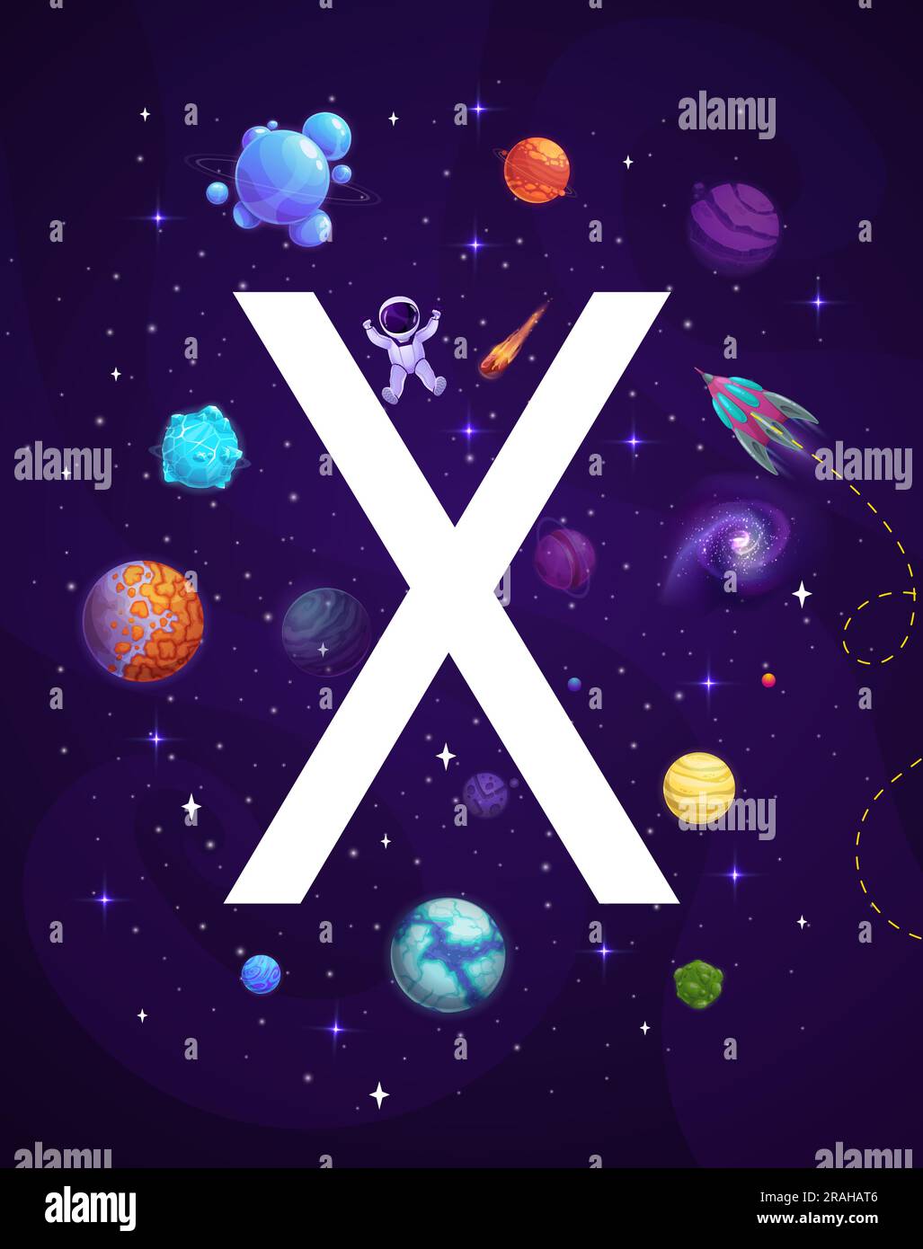 Cartoon space letter X. Vector alphabet uppercase sign. Card with ...