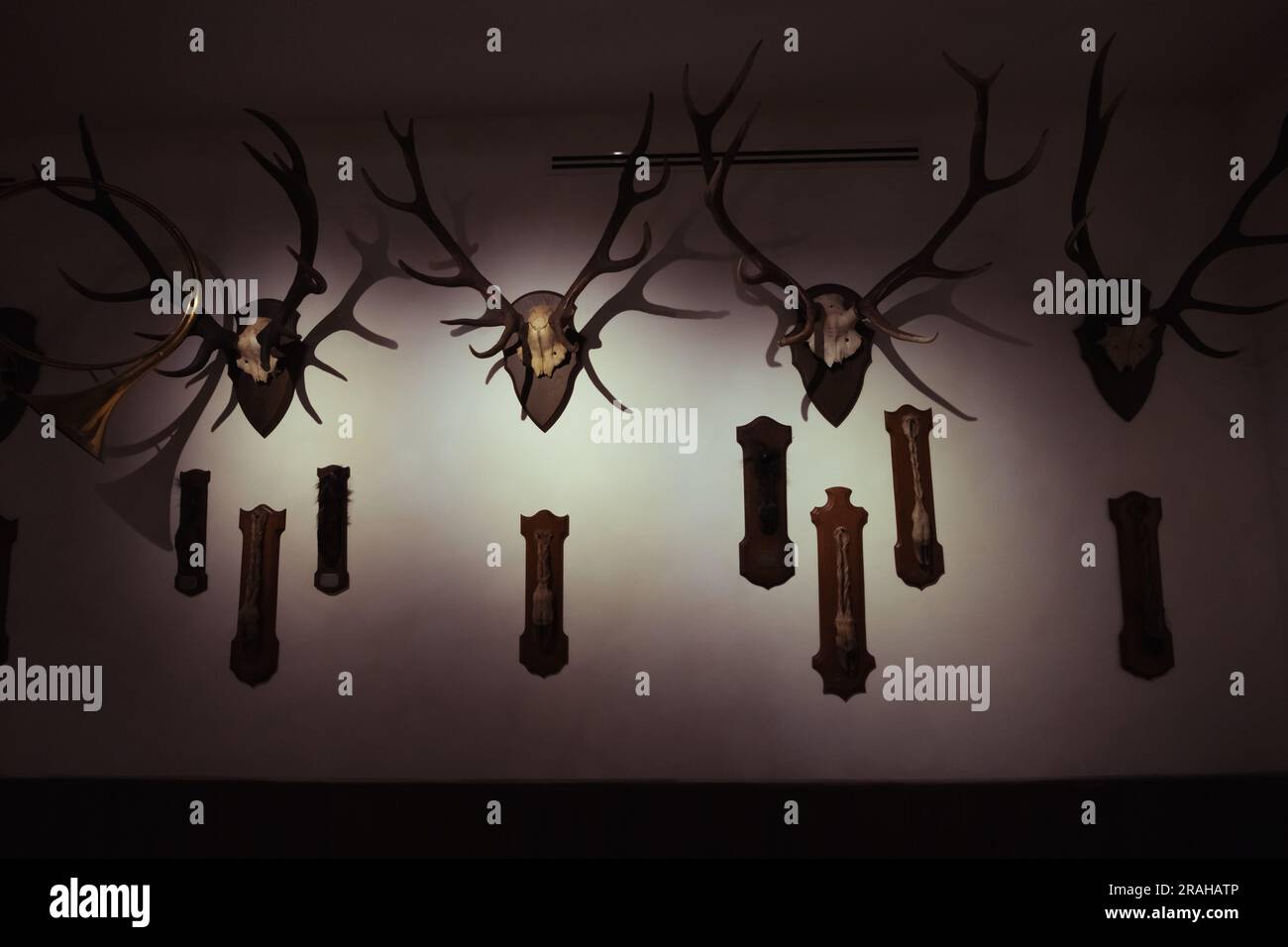 scarecrow with horns on the wall hanging in a row close-up. High ...