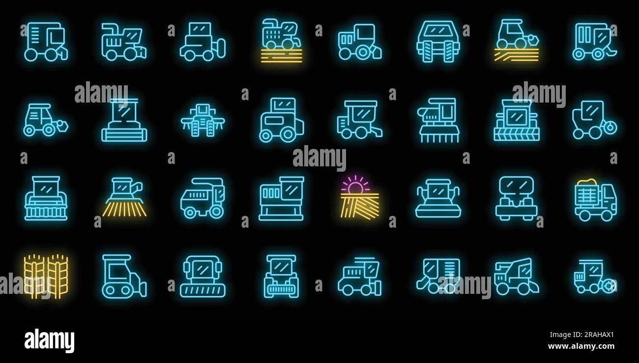 Combine harvester icons set outline vector. Farm machinery. Food farm neon color on black Stock ...