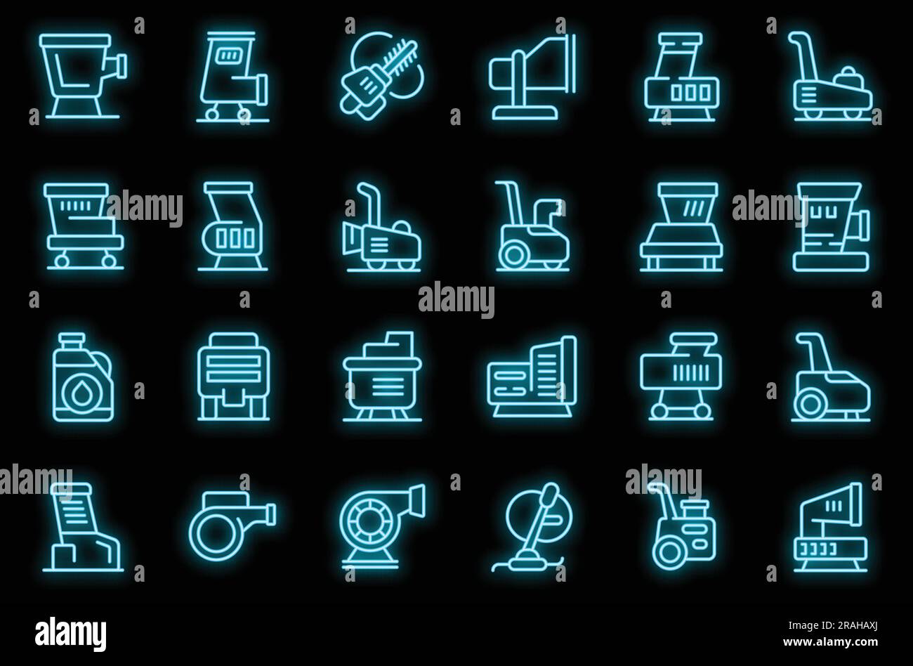 Garden shredder icons set outline vector. Wood tree. Mower string neon ...