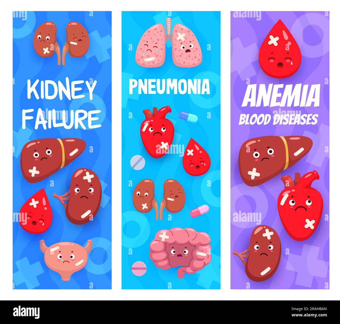 Anemia, pneumonia and kidney failure diseases with cartoon sick body ...