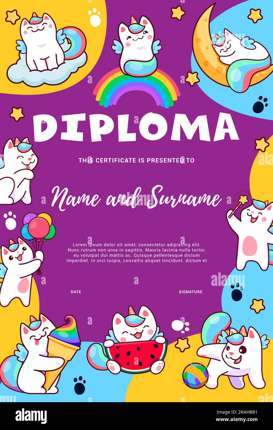 Kids diploma, cartoon cute caticorn cats and kitten characters, vector ...