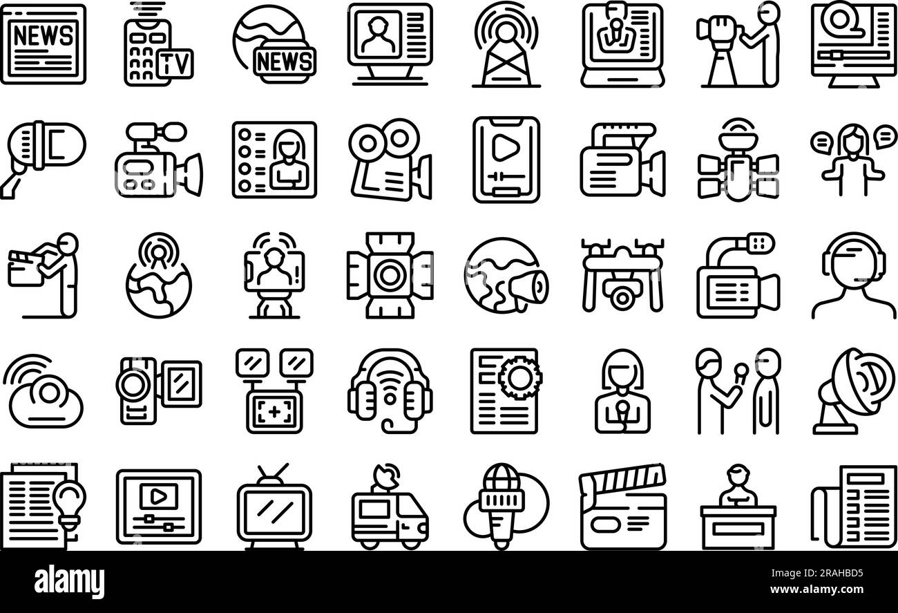 News production team icons set outline vector. Studio tv. Camera crew ...