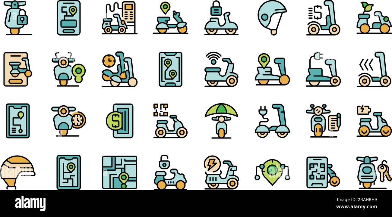 Scooter rental icons set outline vector. Electric parking. Station row ...