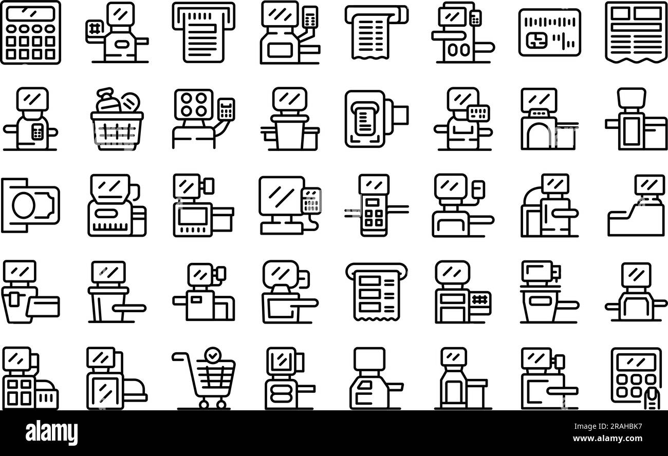 Self-service at the checkout icons set outline vector. Salf cash. Scan terminal Stock Vector ...